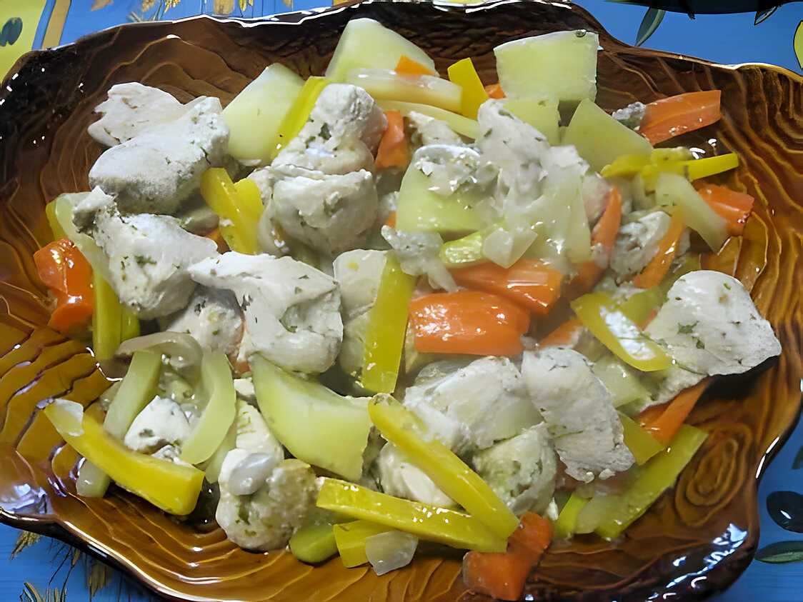 Recette de Sauté de dinde aux légumes anciens mijotés.