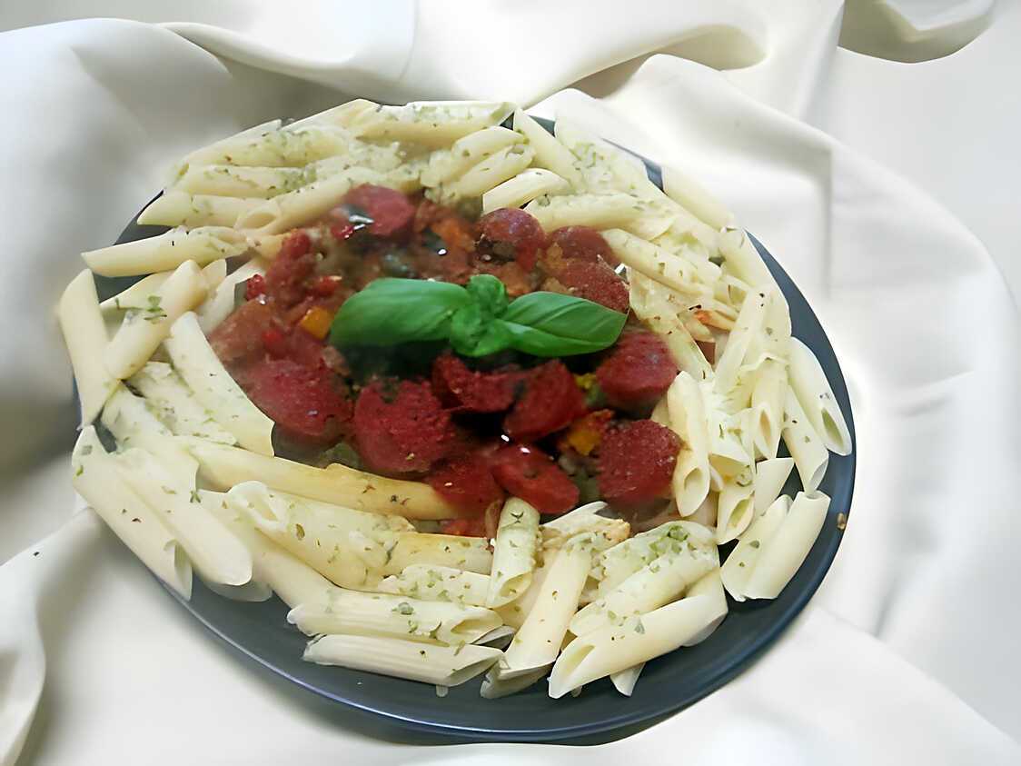 Recette de Chorizo aux pâtes pennes et poivrons.