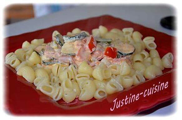 Recette de **Coudes rayés aux courgettes,poivrons, chorizo & chèvre**