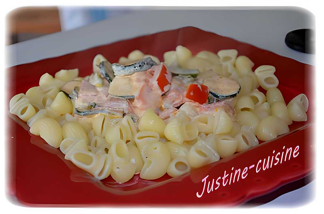 Recette de **Coudes rayés aux courgettes,poivrons, chorizo & chèvre**