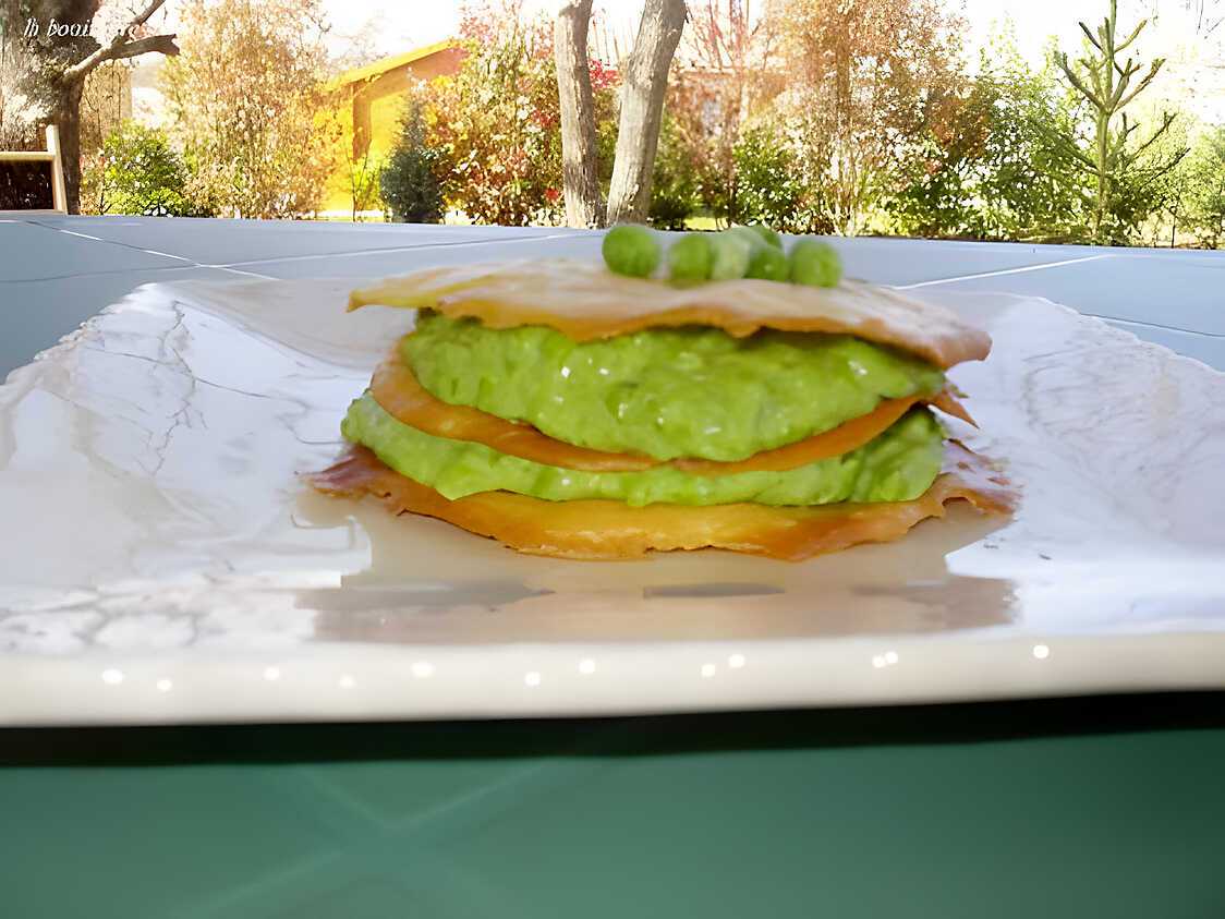 Recette de Millefeuilles de tuiles au curry à la mousse de petits pois