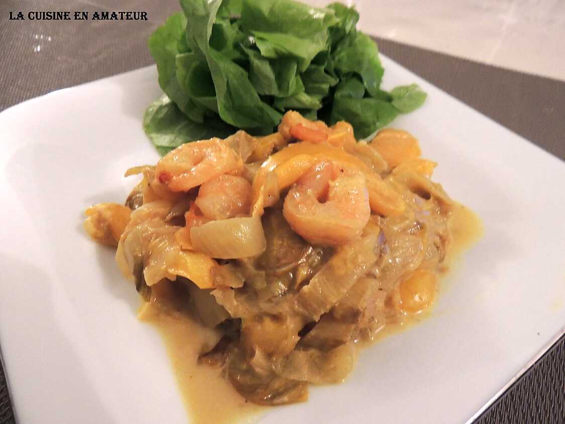 Recette d'Endives, poivron, crevettes et sauce crémeuse au curry. Light