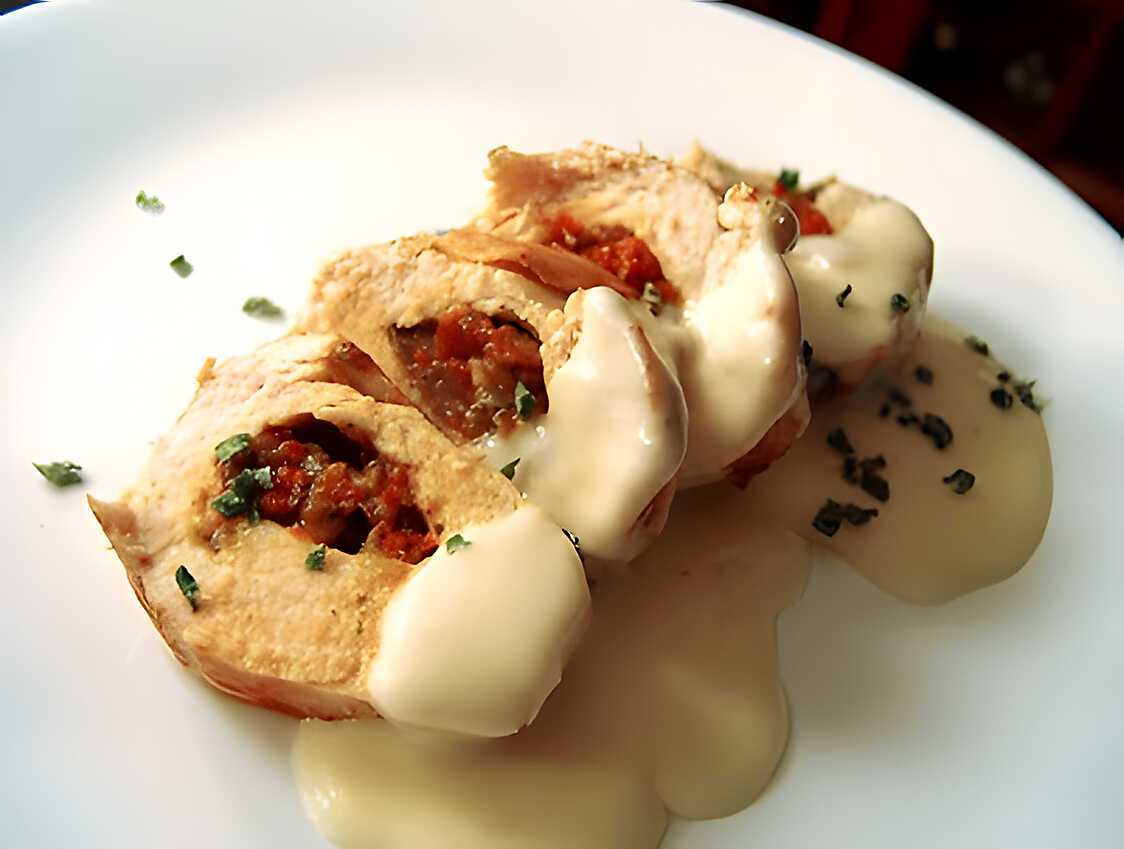 Recette de Poitrines de poulet farcies au fromage et au pesto + sauce ...