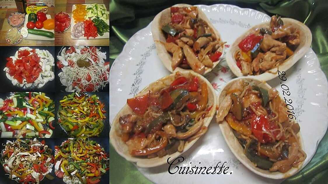 Recette de Panadillas garnis d'émincés de poulet et légumes du soleil.