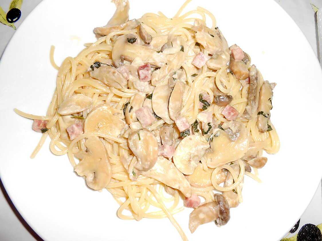 Recette de SPAGHETTI CHAMPIGNONS JAMBON CREME