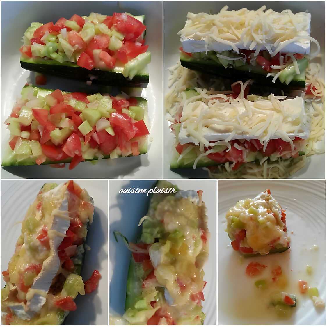 Recette de Courgette farcie au concombre et tomate, gratinée au Camembert.