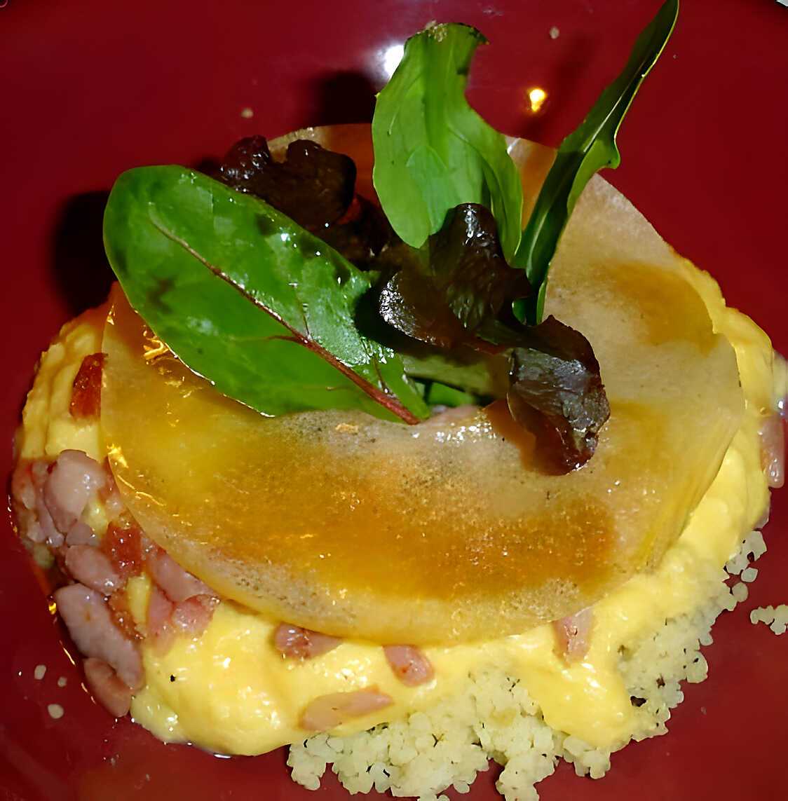 Recette de SEMOULE A LA CREME D' OEUF BRICK ET LARDONS