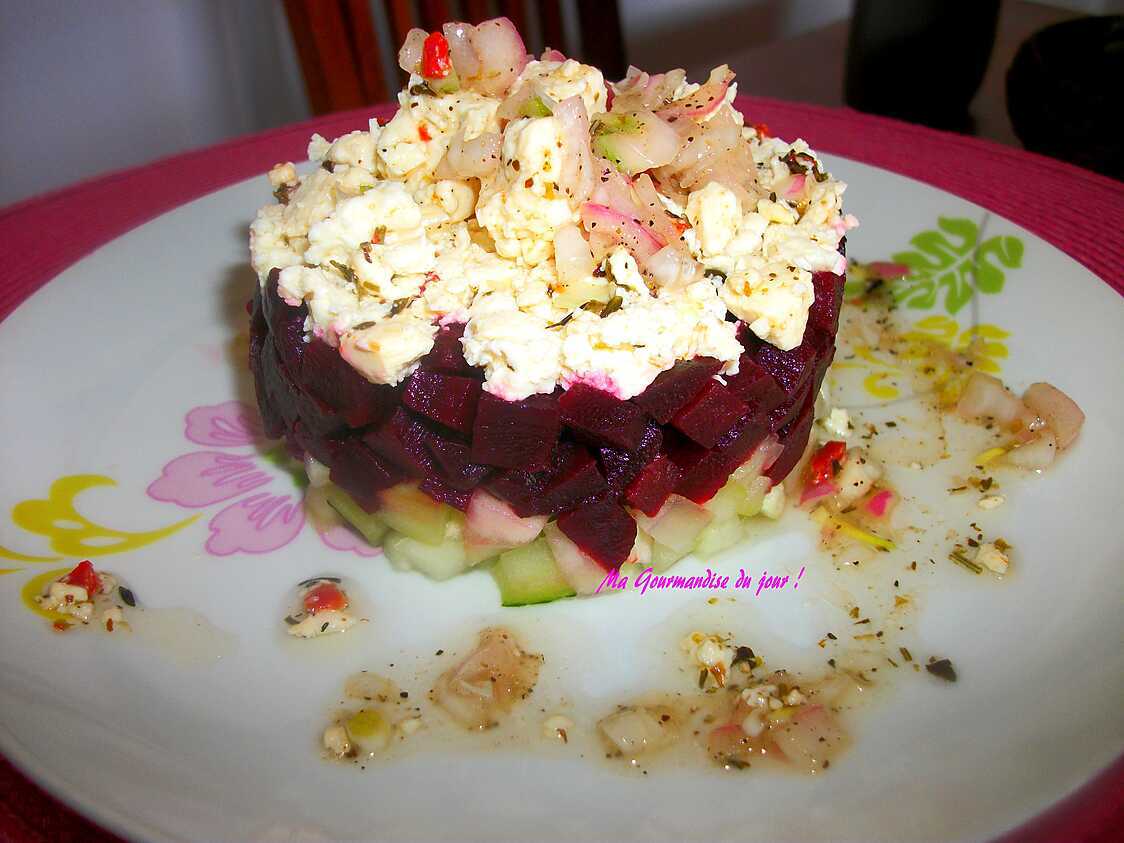 Recette de SALADE BETTERAVE/CONCOMBRE/DÉS de FROMAGE.