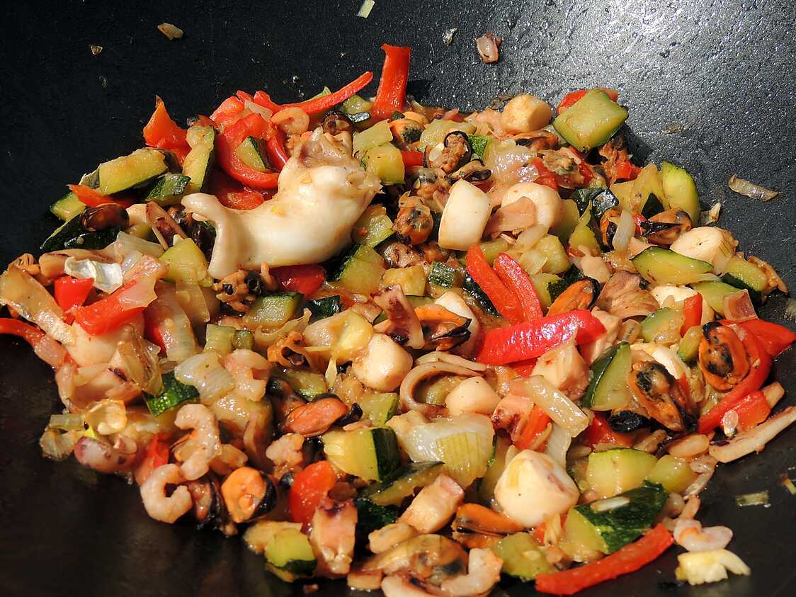 Recette de Fruits de mer et légumes au wok