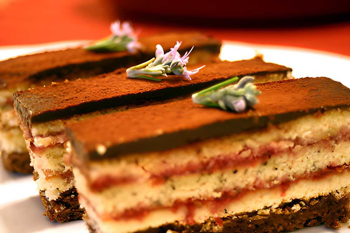 Recette d'Opéra framboise, chocolat, thé vert et réglisse