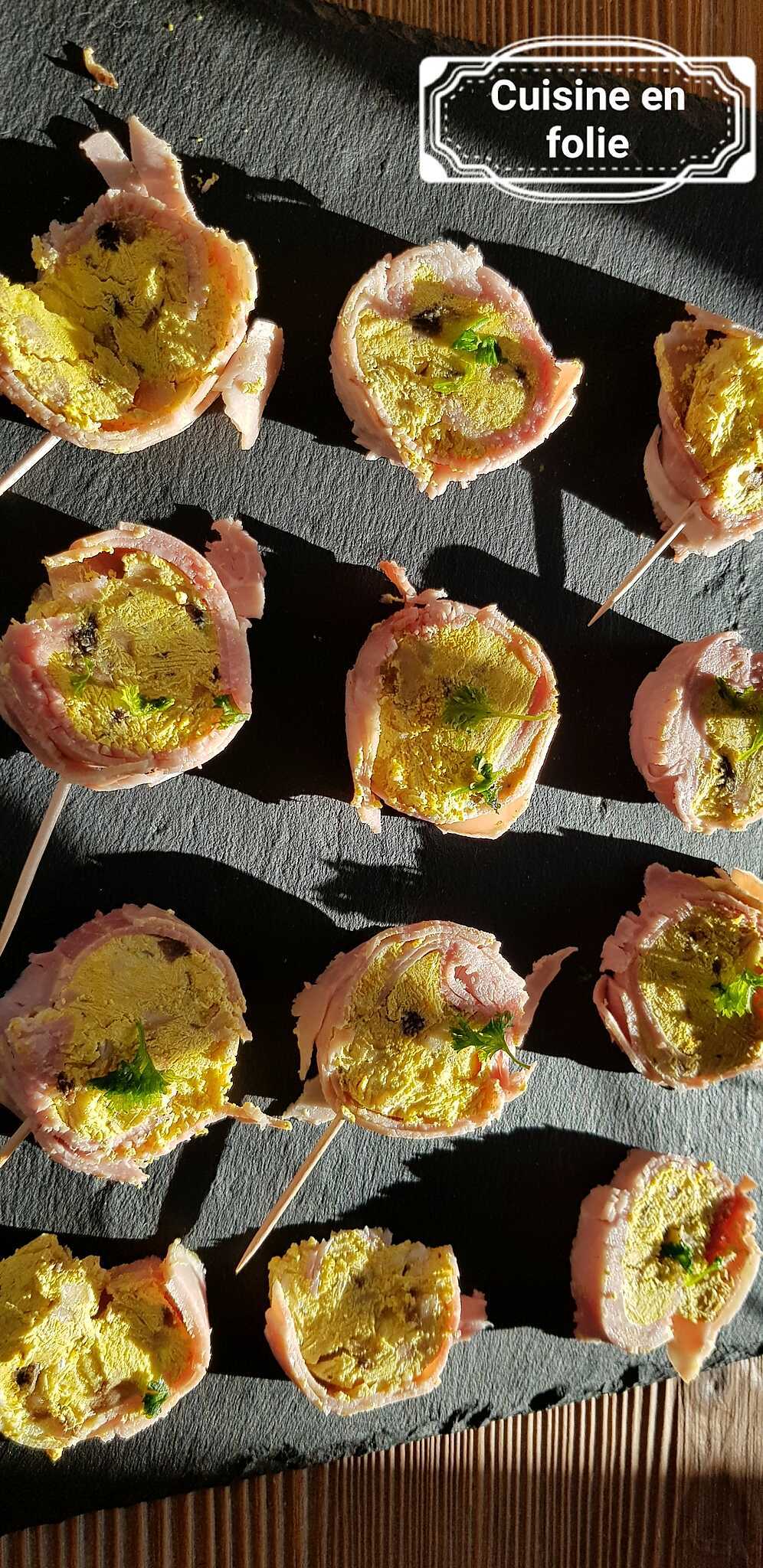 Recette de Roulés jambon curry curcuma et champignons crus, un apéro ...