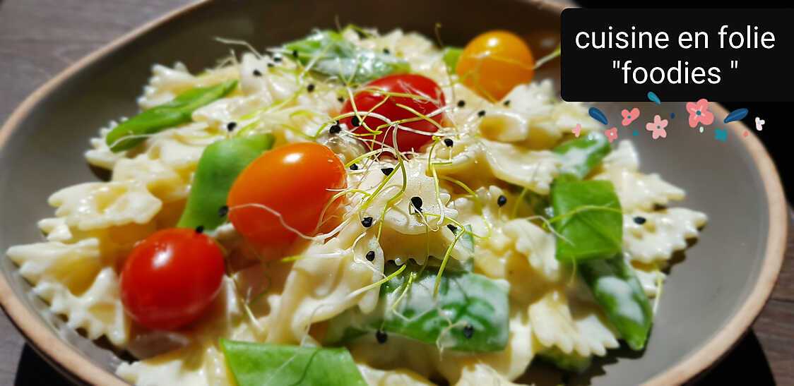 Recette de Pâtes aux 4 fromages, haricots plats et tomates cerises