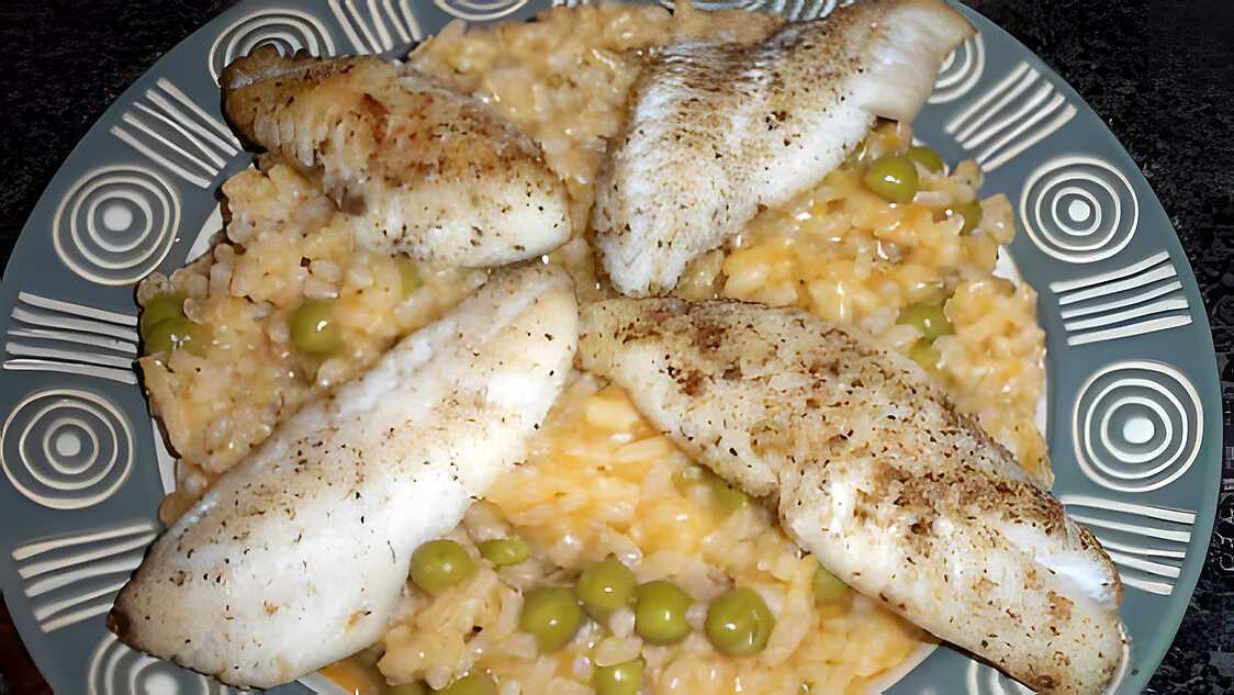 Recette de Poisson blanc sur lit de riz au petits pois.
