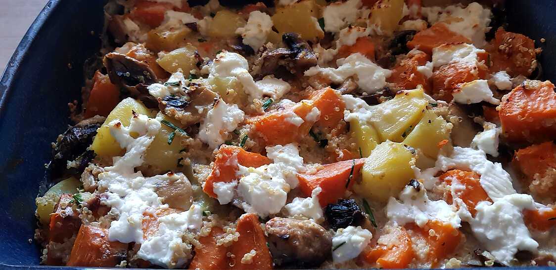 Recette de Gratin de patate douce aux champignons au quinoa et au chèvre