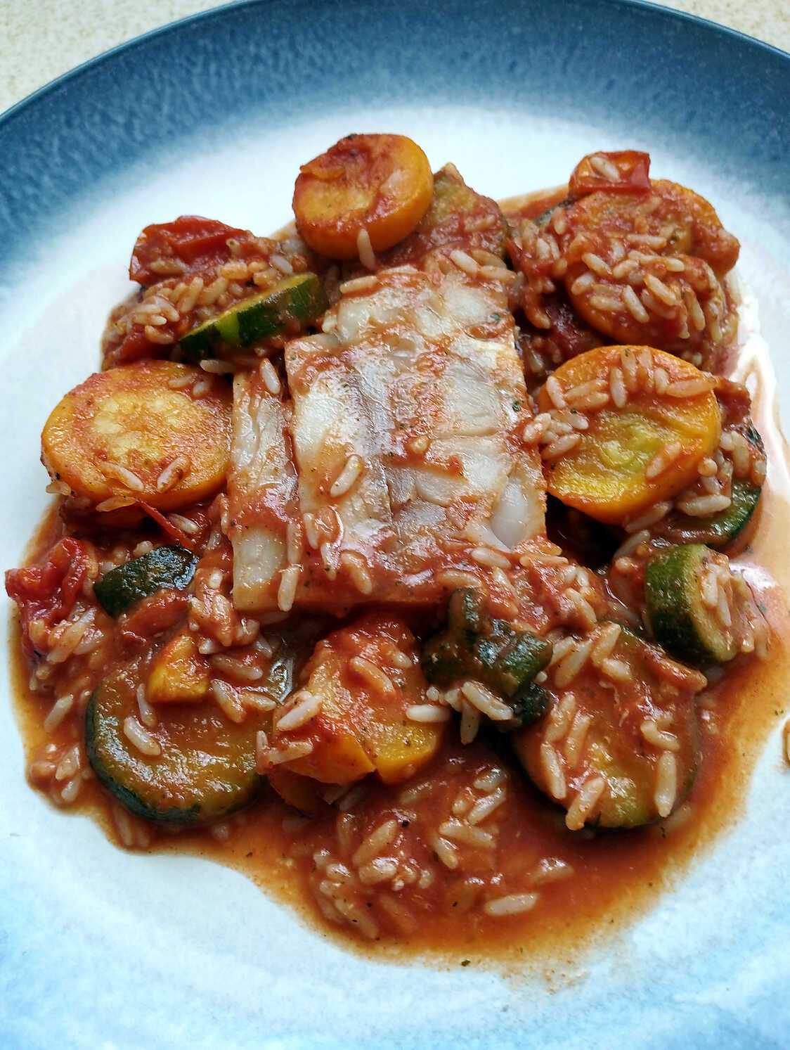 Recette de Pavé de colin courgette tomate et riz