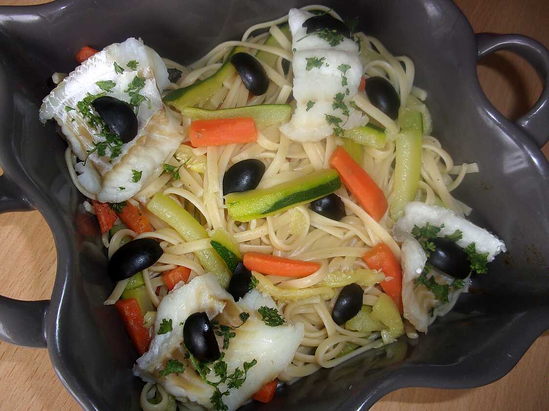Recette de Pâte Lunguine aux légumes,poisson julienne.