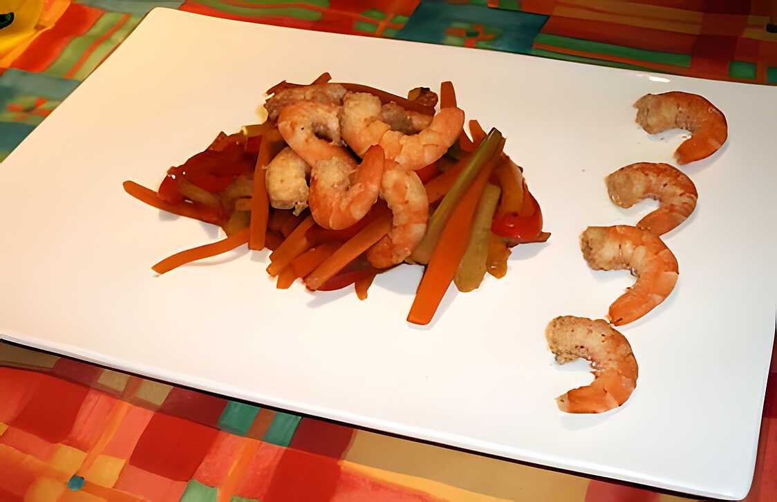 Recette de Sauté de crevettes et julienne de légumes sauce soja