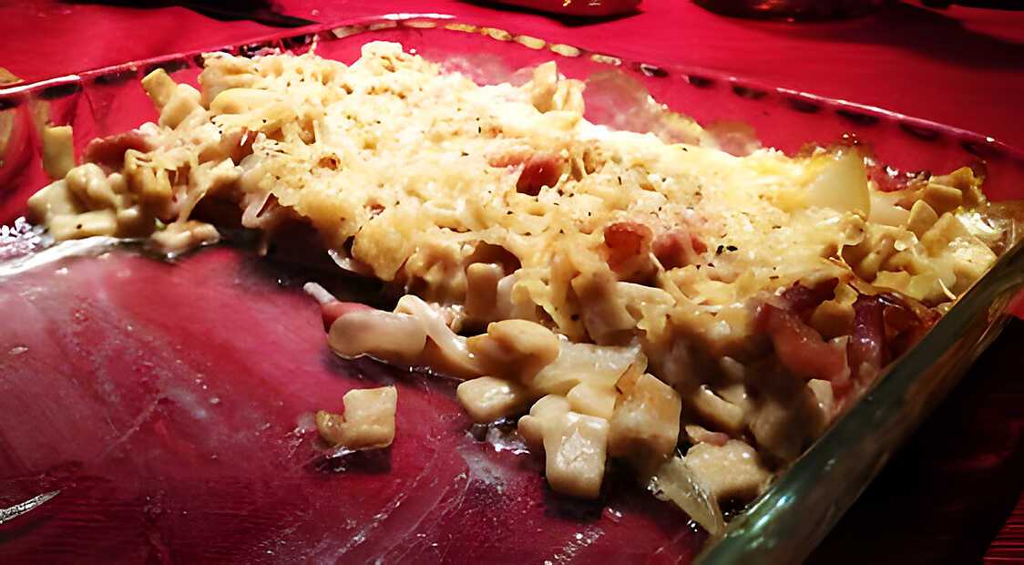 Recette de Gratin de crozets aux lardons et oignons